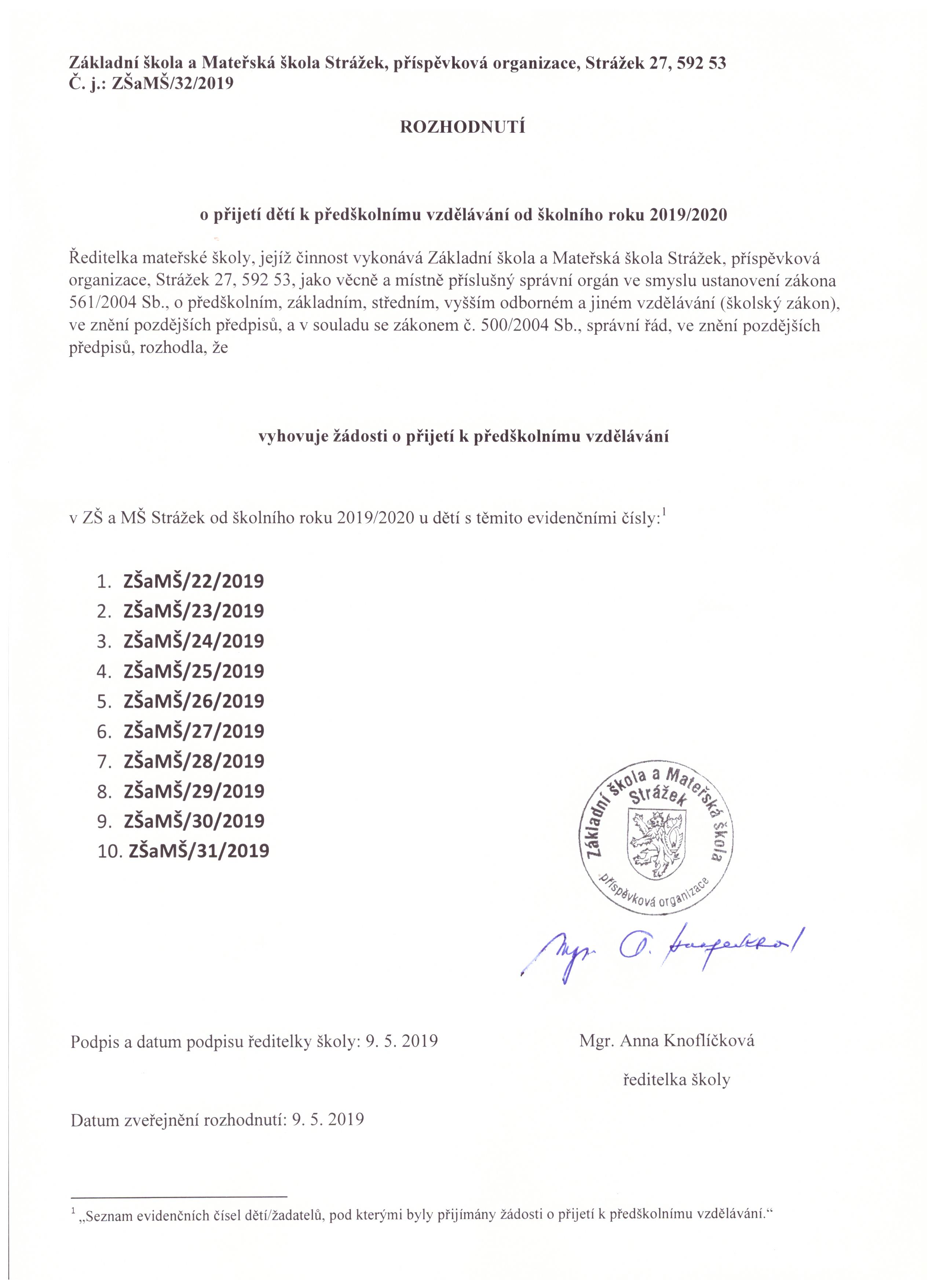 Rozhodnutí o přijetí k předškolnímu vzdělávání 2019/2020 - Aktuality - Základní škola a Mateřská ...